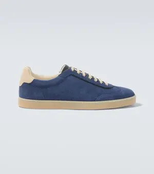 Brunello Cucinelli Navy Suede Leather Trimmed Lace-up Sneakers - Blue