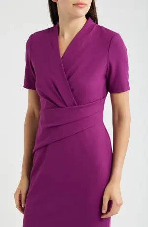 Anne Klein Pleated Scuba Crepe V-neck Dress - Beet