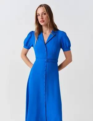 GHOST LONDON Phoebe Crepe Collared Button Down Dress - Blue