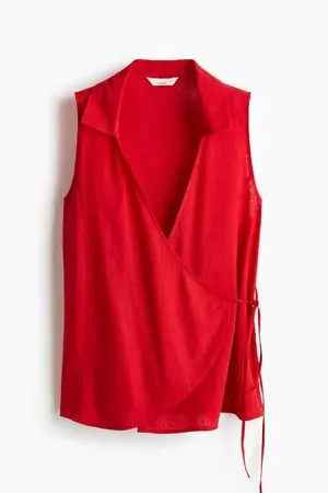 H&m Linen-blend Wrap Top - Red