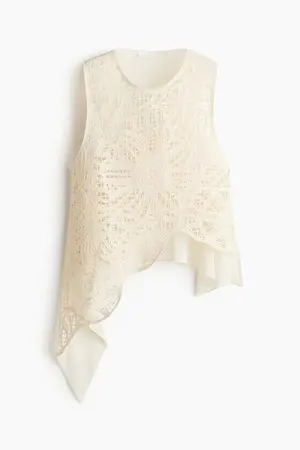 H&m Asymmetric Crochet-look Knit Top With Chiffon Back - Cream