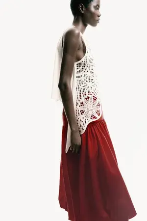 H&m Asymmetric Crochet-look Knit Top With Chiffon Back - Cream