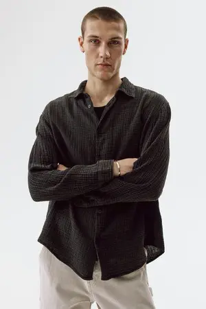 H&m Regular Fit Cotton Muslin Shirt - Black