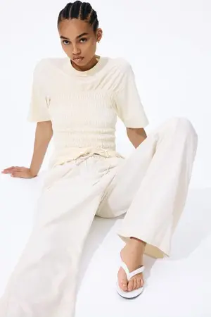 H&M Striped Wide Leg Drawstring Pants - Light Beige