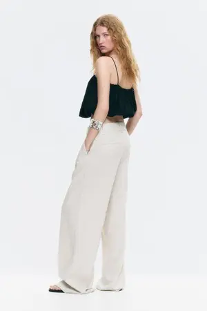 H&m Wide Leg Tailored Trousers - Light Beige