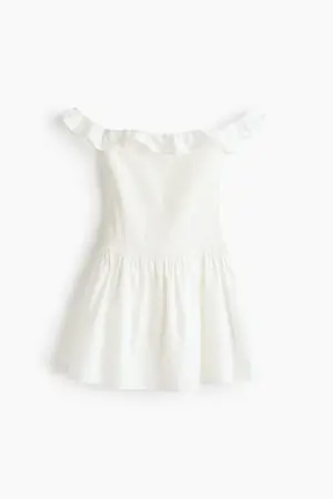 H&m Smocked Off-the-shoulder Dress With Frill Trim - White