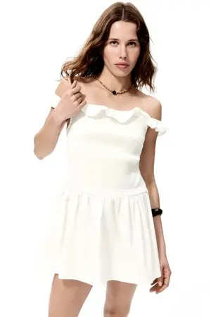 H&m Smocked Off-the-shoulder Dress With Frill Trim - White