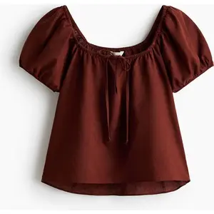H&m Puff-sleeved Linen-blend Blouse - Rust Brown