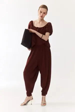 H&m Puff-sleeved Linen-blend Blouse - Rust Brown