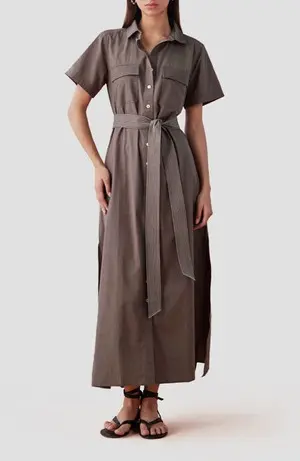 Omika Short Sleeve Cotton Shirt Dress With Belt - Solid Fawn