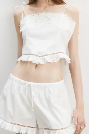 H&m Broderie Anglaise Tie-strap Cotton Poplin Top