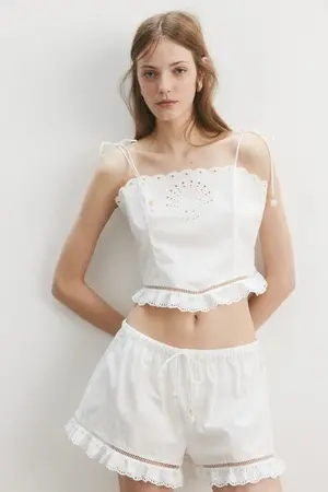 H&m Broderie Anglaise Tie-strap Cotton Poplin Top
