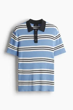 H&m Slim Fit Polo Shirt - Light Blue/striped