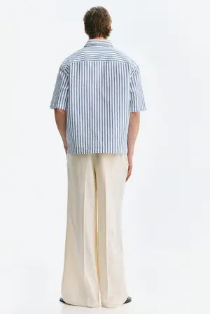 H&m Relaxed Fit Short-sleeved Linen-blend Shirt - Blue/striped