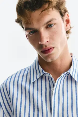 H&m Relaxed Fit Short-sleeved Linen-blend Shirt - Blue/striped