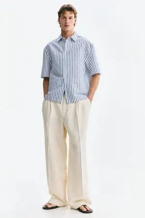 H&m Relaxed Fit Short-sleeved Linen-blend Shirt - Blue/striped
