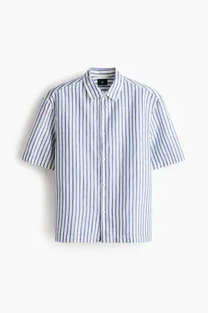 H&M Relaxed-fit Short-sleeved Linen-blend Shirt - Blue/striped