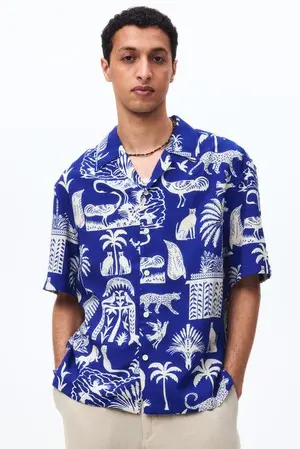 H&m Relaxed Fit Printed Resort Shirt - Bright Blue/patterned