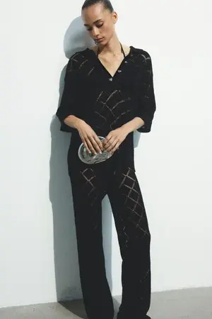 H&m Crochet-look Ribbed Trousers - Black