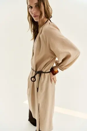 H&m Oversized Midi Dress With Tie Belt - Beige