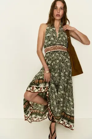 H&m Halterneck Maxi Dress With Flared Skirt - Dark Green/patterned