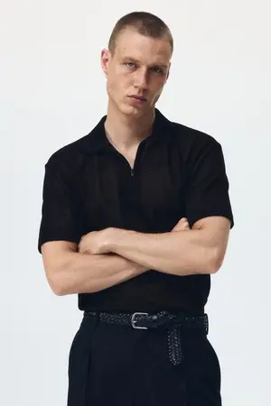 H&m Regular Fit Hole-knit Polo Shirt - Black