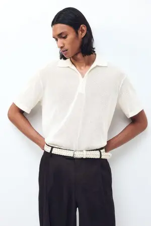 H&m Regular Fit Hole-knit Polo Shirt - Cream