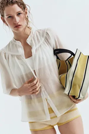H&m Butterfly Sleeve Blouse With Band Collar - White