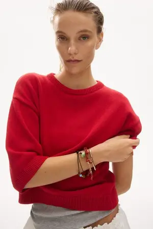 H&m Knitted T-shirt With 3/4 Sleeves - Red