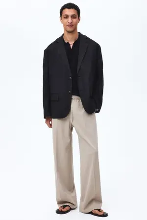 H&m Wide Leg Trousers With Drawstring Waist - Beige