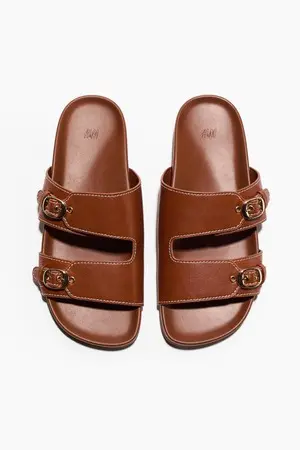 H&m Coated Fabric Slide Sandals With Adjustable Buckles - Brown