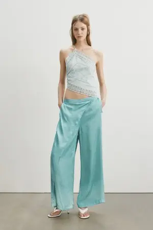 H&m H&M Wrap-Detail Satin Trousers Turquoise