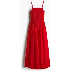 H&m Smocked Flared-skirt Dress - Red