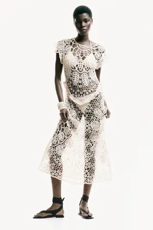 H&m Long Flutter-sleeved Crochet-look Dress - Cream