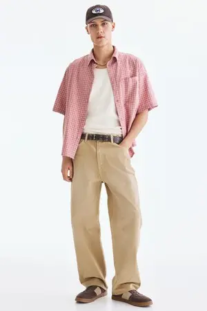 H&m Relaxed Fit Short-sleeved Cotton Shirt - Pink/checked