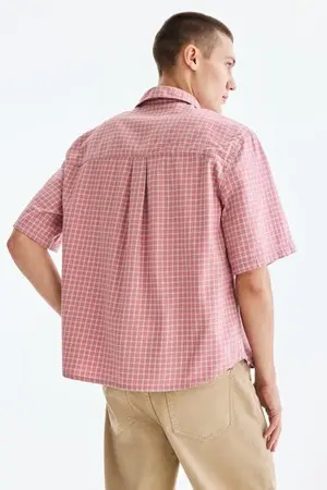H&m Relaxed Fit Short-sleeved Cotton Shirt - Pink/checked