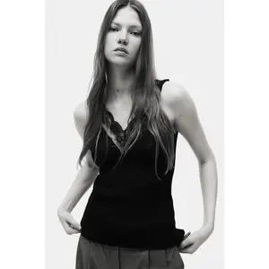 H&m Rib Knit Lace Trimmed Vest Top - Black