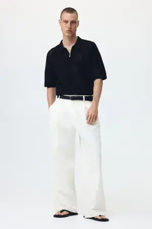 H&m Relaxed Fit Hole-knit Polo Shirt - Black
