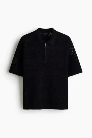 H&m Relaxed Fit Hole-knit Polo Shirt - Black