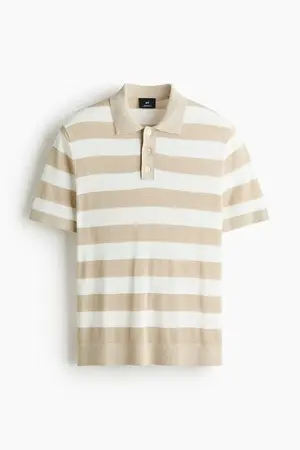 H&m Regular Fit Knitted Polo Shirt - Light Beige/striped