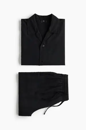 H&m Two-piece Lyocell Resort Set With Printed Shirt And Shorts - Black
