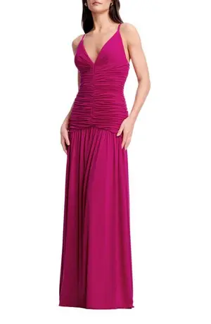 Dress The Population Elora Ruched Plunge Neck Gown - Dark Fuchsia