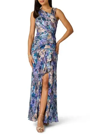 Adrianna Papell Floral Metallic Crinkle Asymmetric Neck Gown - Blue Multi