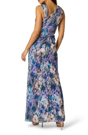 Adrianna Papell Floral Metallic Crinkle Asymmetric Neck Gown