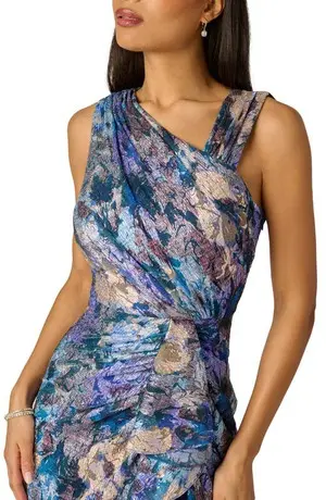 Adrianna Papell Floral Metallic Crinkle Asymmetric Neck Gown