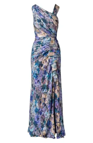 Adrianna Papell Floral Metallic Crinkle Asymmetric Neck Gown