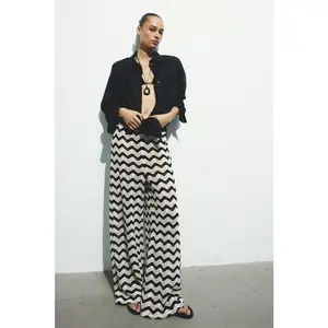 H&m Textured-knit Wide-leg Trousers - Black/zigzag Pattern
