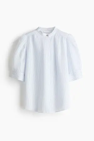H&m Puff-sleeved Blouse With Band Collar - Blue/striped