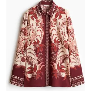 H&m Oversized Printed Shirt - Dark Red/patterned