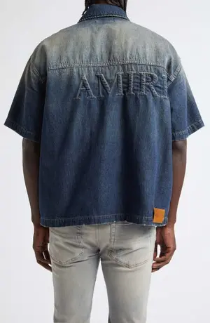Amiri 3d Logo Short Sleeve Snap-up Denim Shirt - Sandstone